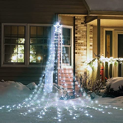 MESHUBA Star String Lights Outdoor Patio Decoration 317 LED Waterfall Christmas Tree Lights Indoor Outside Decoration Lights for Party, Yard, Garden, Holiday, Home Décor, White