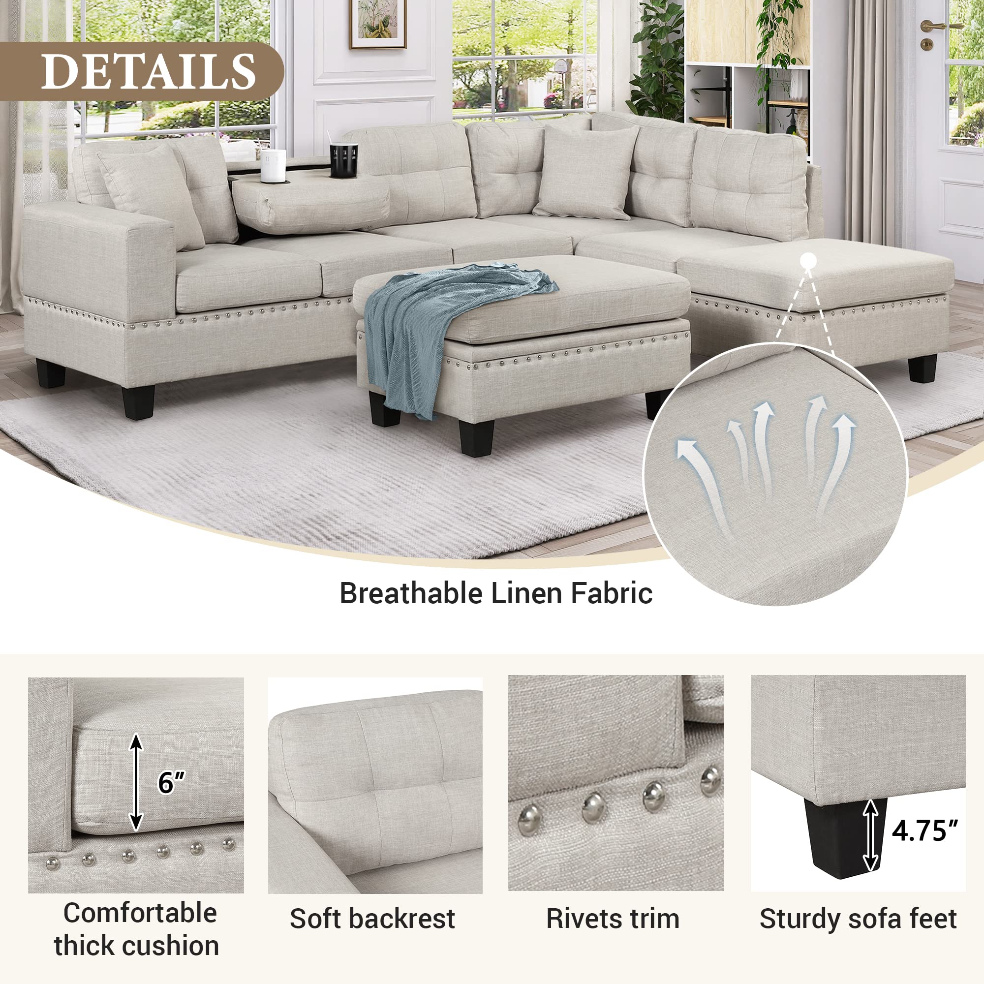 P PURLOVE Modern Sectional Sofa for Living Room, Linen L-Shape Couch with Storage Ottoman and 2 Pillows and Cup Holder, Livingroom Sofa with Reversible Chaise for Apartment, Studio (Light Gray)