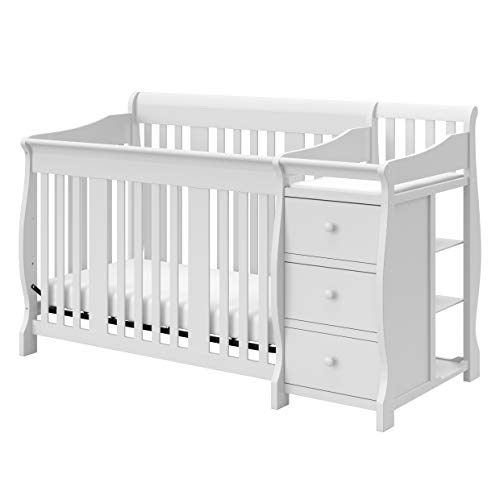 Storkcraft Portofino 5-in-1 Convertible Crib and Changer (White) ā Changing Table Combo with Drawer, Converts to Toddler Bed, Daybed Full-Size Storage Drawer