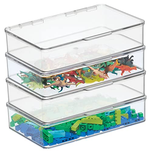 mDesign Plastic Stackable Rectangular Storage Container Bin with Hinged Lid for Organizing Kids Room, Play Room, Nursery; Holds Small Toys, Crayons, Puzzles - 4 Pack - Clear