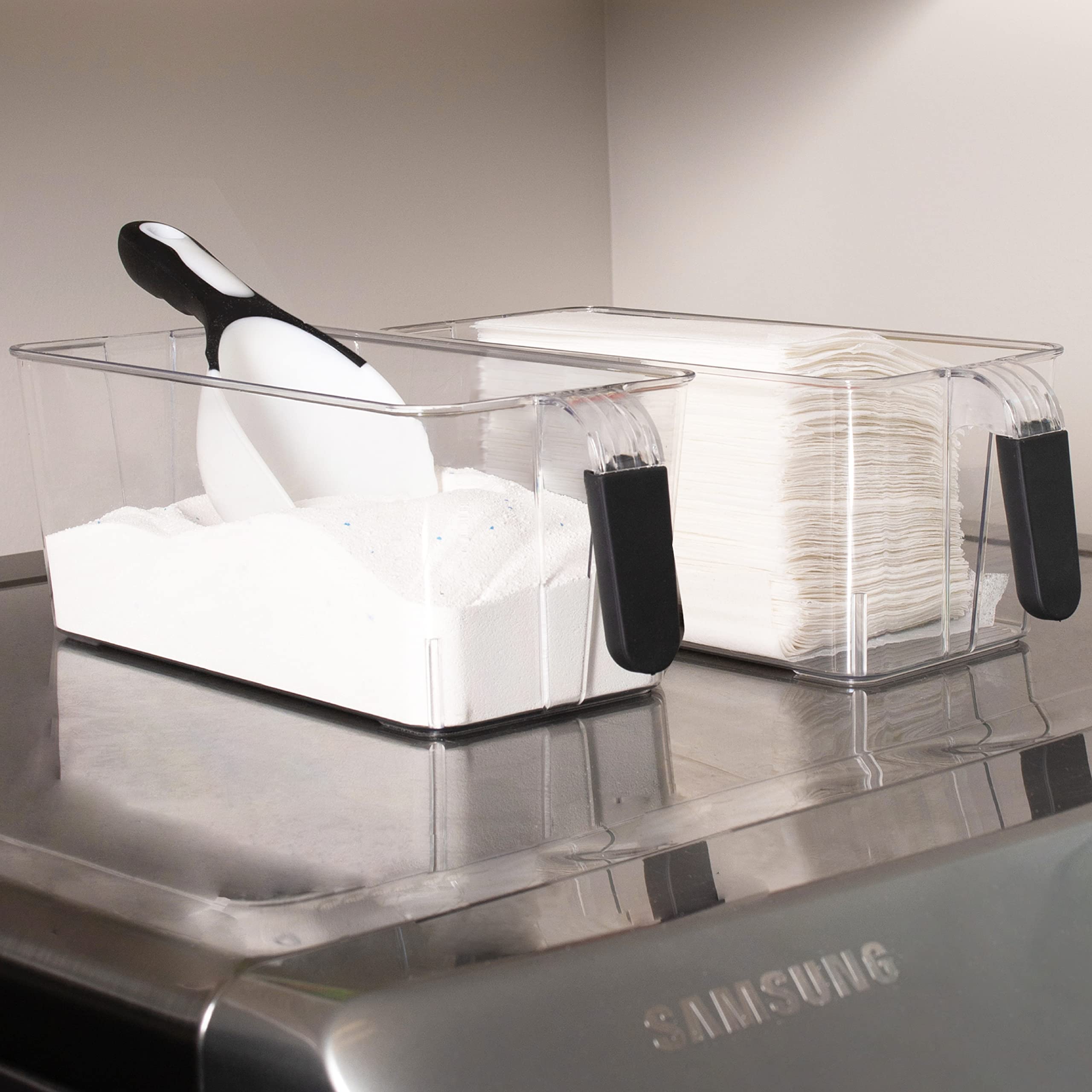 Clear Plastic Storage Bin with Scoop - Laundry Room Organization Refrigerator Freezer Ice Bin with Pull out Handle - Acrylic Organizer bHome & Co - Small