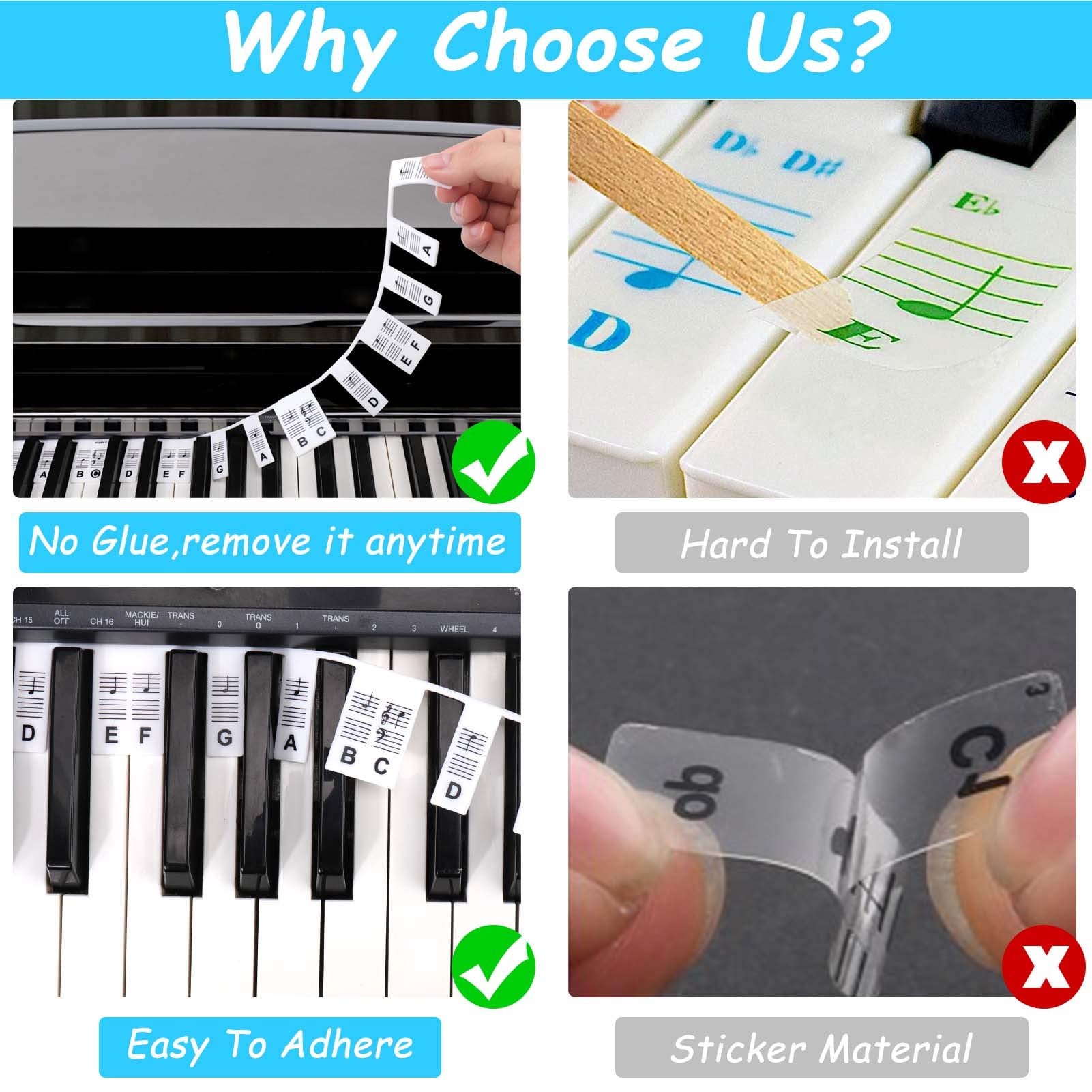 BUSOHA Silicone Piano Keyboard Stickers for Beginners, Removable Piano Keyboard Note Labels for Learning, Full Size Keyboard 88 Keys,Double Staff Display