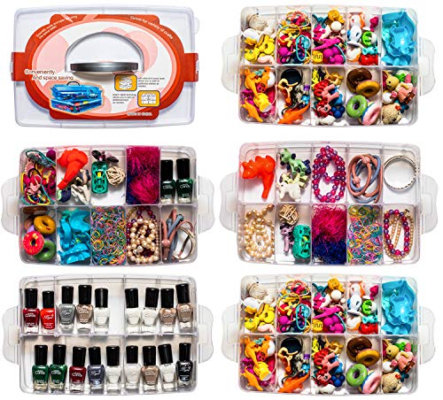Sooyee 5 Layers Stackable Storage Container Clear 50 Adjustable Compartments,Compatible with Small Toys Arts and Crafts Piping Tips Hardware Storage Organizer