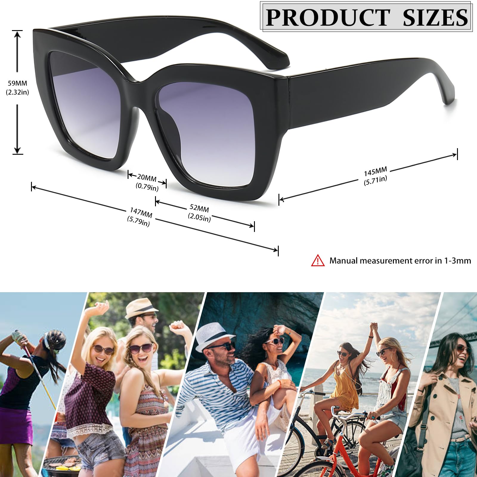 BRMHDY Oversized Square Sunglasses for Women Thick Fashion Big Frame Sunnies Trendy UV400 Black Shades (Black/Grey Gradient), MM