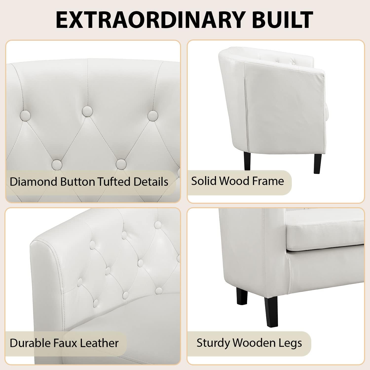 Emma Love Seat, Button Tufted Faux Leather Barrel Loveseat, Midcentury Modern 2 Seater Sofa Couch, Small Loveseat for Small Spaces, Bedrooms, Couches for Living Room, Easy Tool-Free Assembly - White