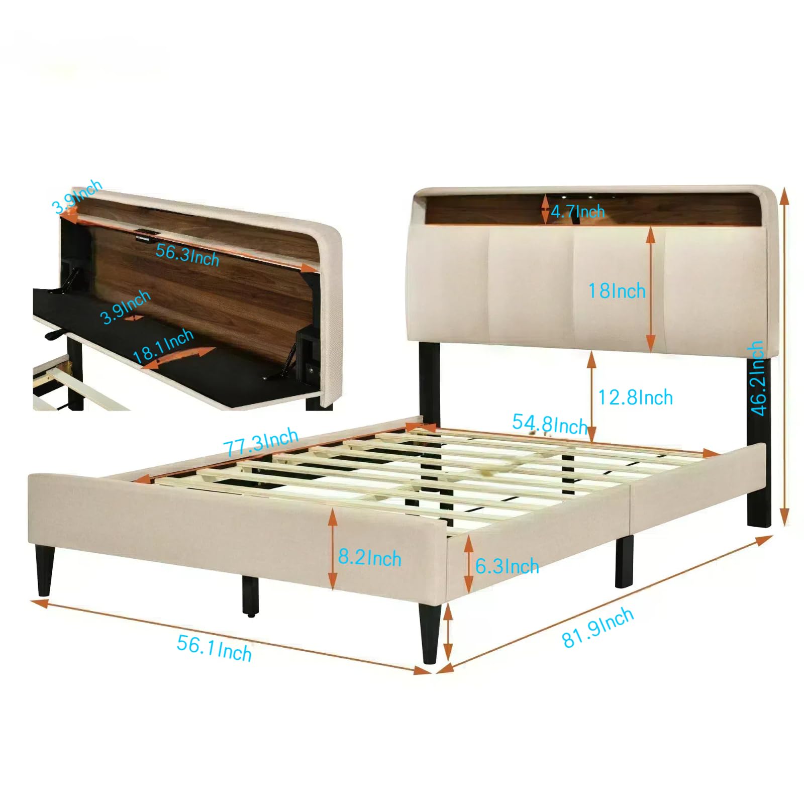ChicFurnit Full Size Upholstered Platform Bed with Storage Headboard, Sensor Light and a Set of Sockets and USB Ports, Linen Fabric, Beige