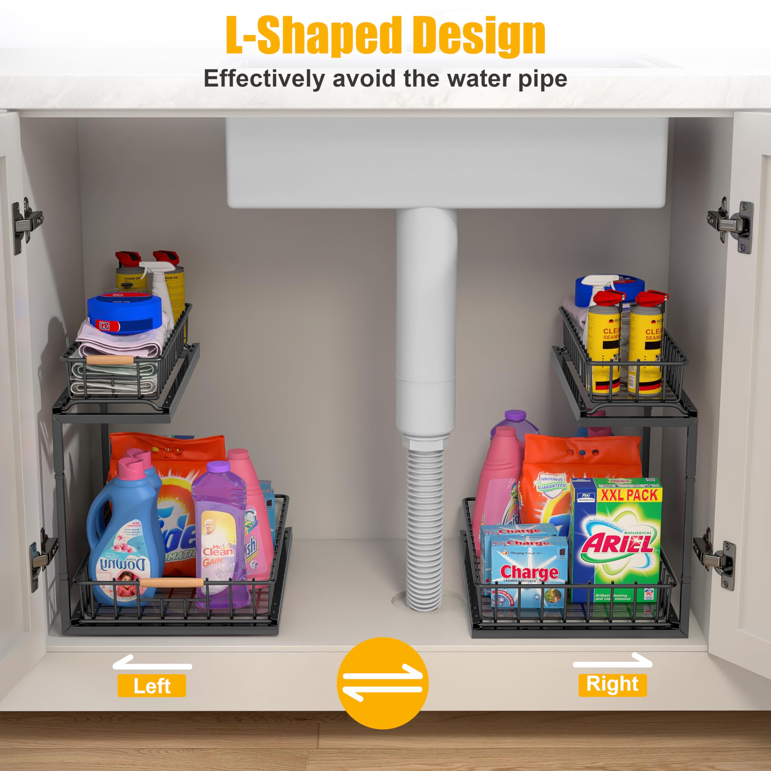 B-Land Under Sink Organizer and Storage, Metal Pull Out Kitchen Cabinet Organizer with Double Sliding Drawer, Multi-Purpose Cabinet Storage for Bathroom, Kitchen (1 Pack)