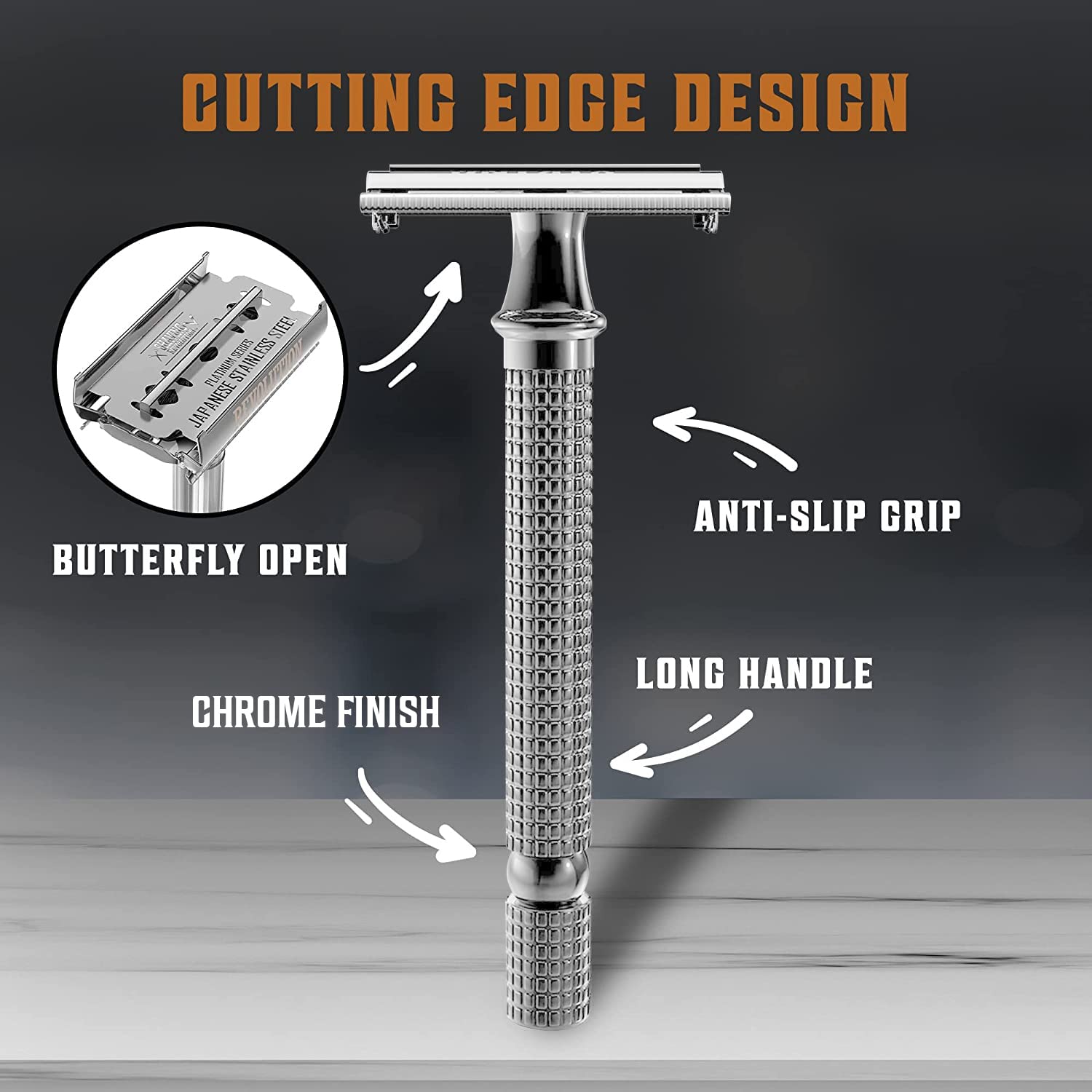 Chrome Long Handle Double Edge Safety Razor - Butterfly Open Razor with 10 Japanese Stainless Steel Double Edge Blades and Chrome Safety Razor Stand