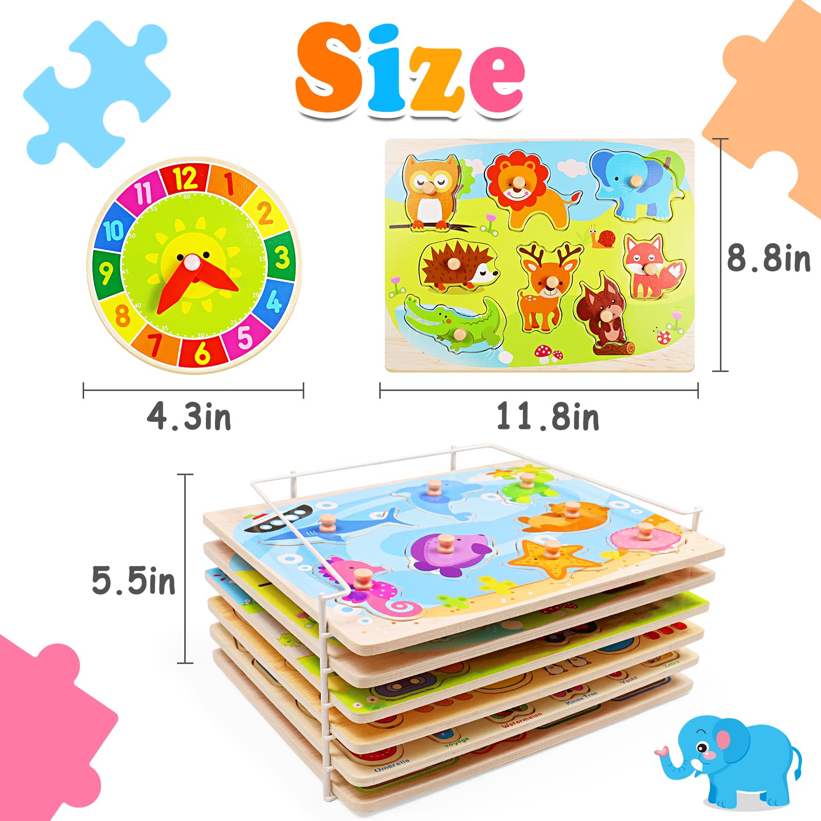 Puzzles for Kids Age 2-4 with Rack and Wooden Clock, 6 Pack Wooden Peg Puzzles for Toddlers with Storage Holder Rack, Educational Toys - Alphabet Number Animal Vehicle Shape