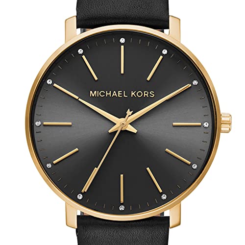 Michael Kors Women's Pyper Stainless Steel Quartz Watch with Leather Strap, Gold/Black, 18