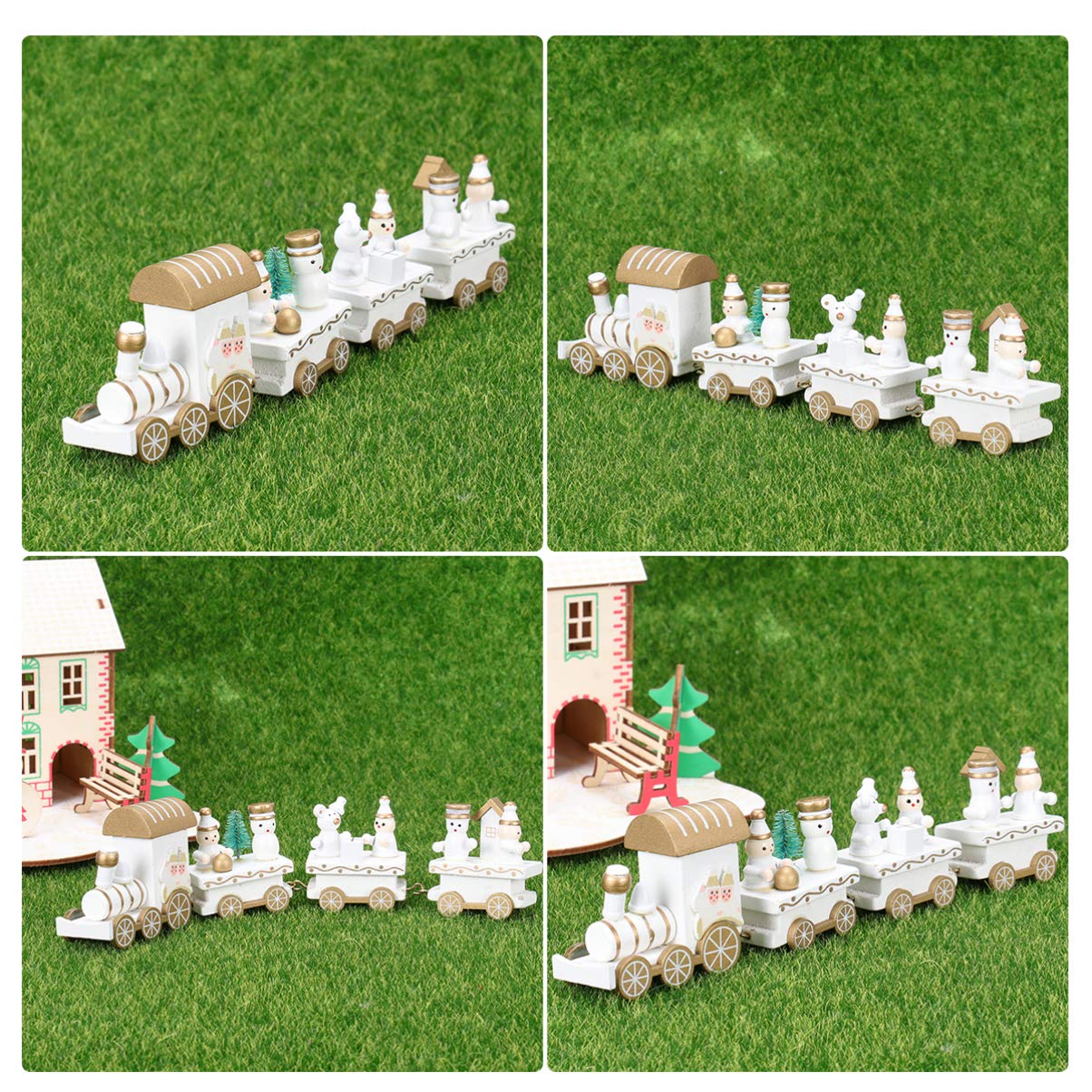 BESPORTBLE Christmas Train Mini Four-Section Wooden Train Desktop Ornament Colorful Painted Christmas Train Gift (White)