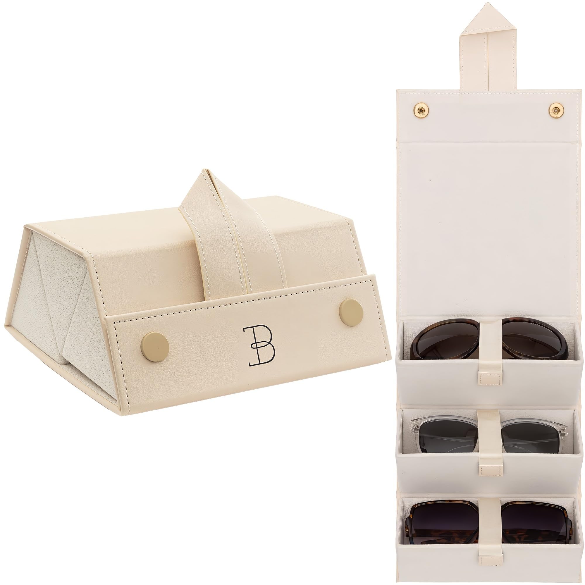 BOSHKU 3-Slot Travel Sunglasses Case Organizer – Compact Sunglasses Storage with Hanging Loop – Vegan Leather Multiple Glasses Case with Soft, Suede Interior and Secure Elastic Straps (BEIGE)