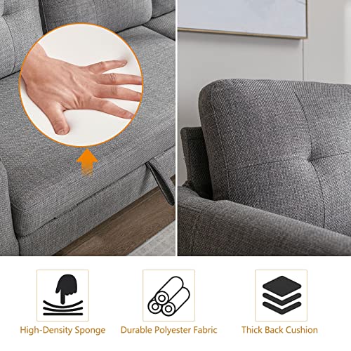 GNIXUU Pull Out Couch, Small Sectional Sleeper Sofa Bed with Storage Chaise, Convertible 3 Seater L Shaped Couch for Living Room, Grey
