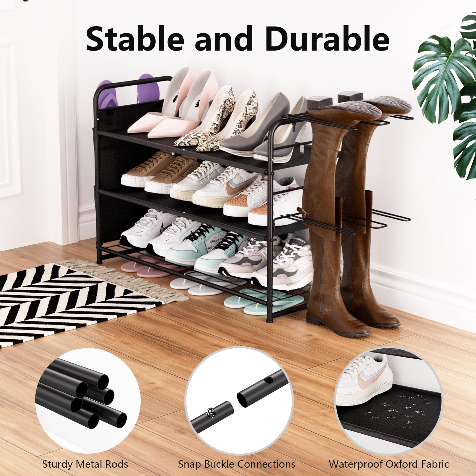 CLESOO Shoe Rack Storage Organizer 3-Tier Freestanding Metal Shoe Rack, Stackable Combination Shoe Rack with Side Pockets and Boot Organizer Rack Suitable for Entrances, Corridors, Garages