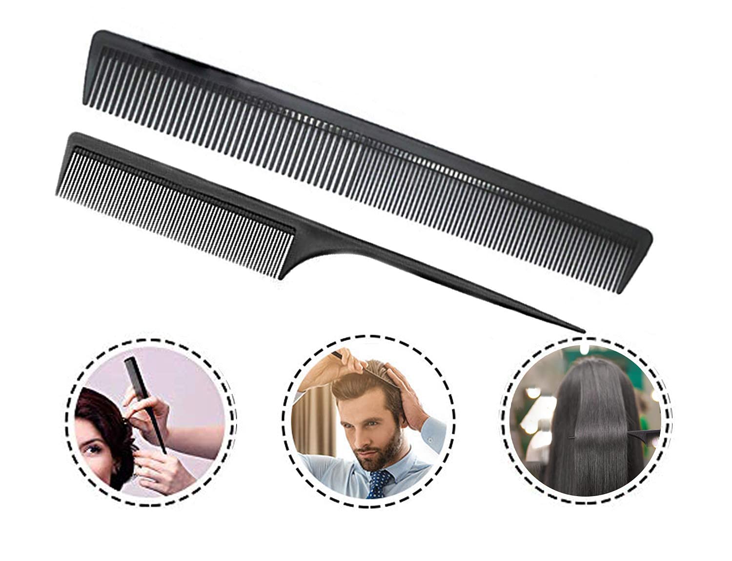 Professional Teasing Comb, Fine and Wide Tooth Hair Barber Comb, Black Carbon Fiber Cutting / Styling / Hairdressing Comb For All Hair Types