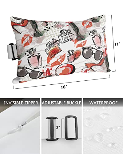 HilariousM Modern Lady Outdoor Pillows for Chaise Lounge Chair, Perfume Lipstick High Heels Waterproof Lumbar Head Support Pillow with Adjustable Elastic Band for Pool Patio Furniture Decorative