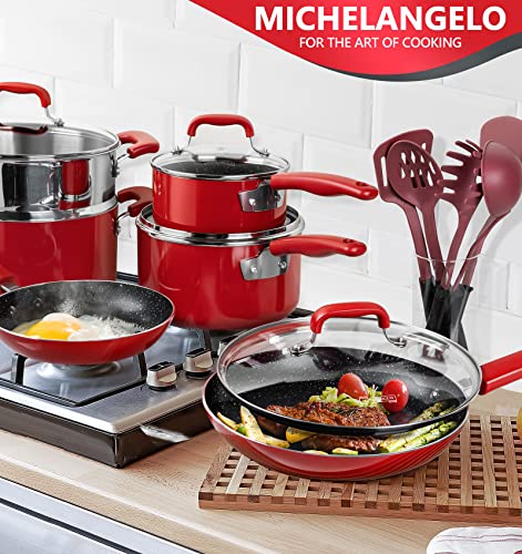 MICHELANGELO Pots and Pans Set Nonstick, 15 Pcs Kitchen Cookware Sets with Porcelain Enamel Exterior and Nonstick Granite-derived Coating, Enamel Cookware Set with 5 Utensils - Red