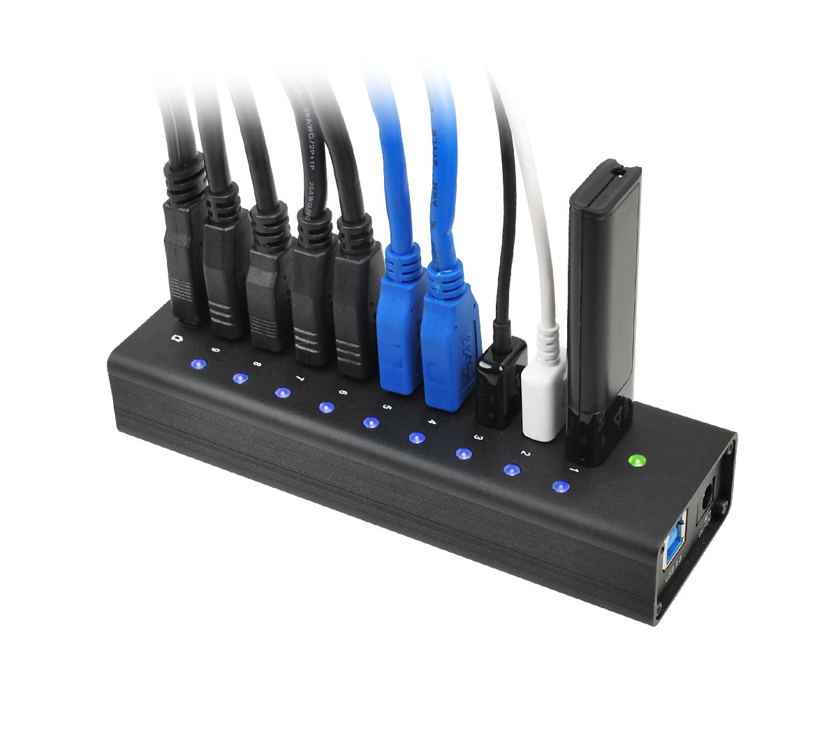 SIIG 10 Port USB Hub with 9 USB 3.0 Data ports and 1 charging port, 12V/5A Power Adapter, for Tablets, Smartphones, Hard Disk