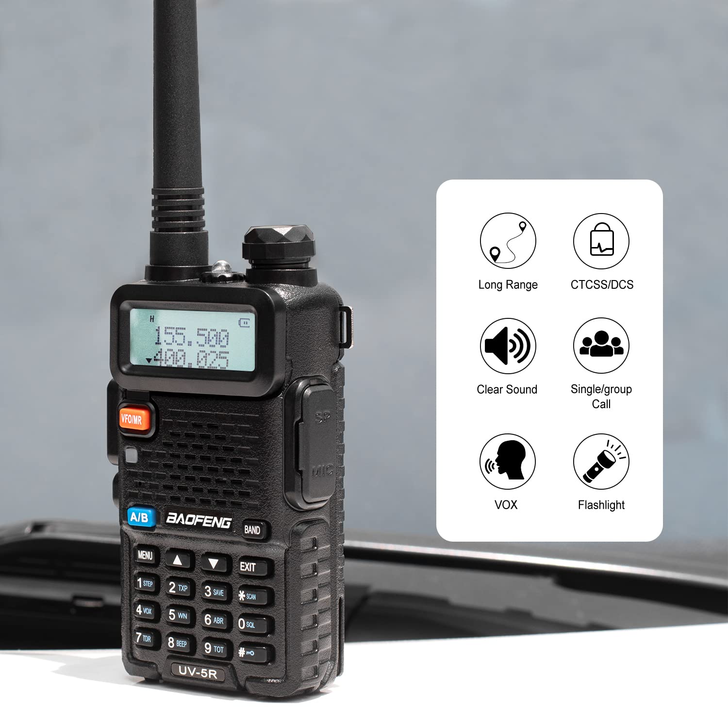 Baofeng UV-5R 8W, Ham Radio Handheld (VHF & UHF) with 1800mAh Li-ion Batteries and Gain Antenna, Earpiece, Long Range Two Way Radio (1 Pack)