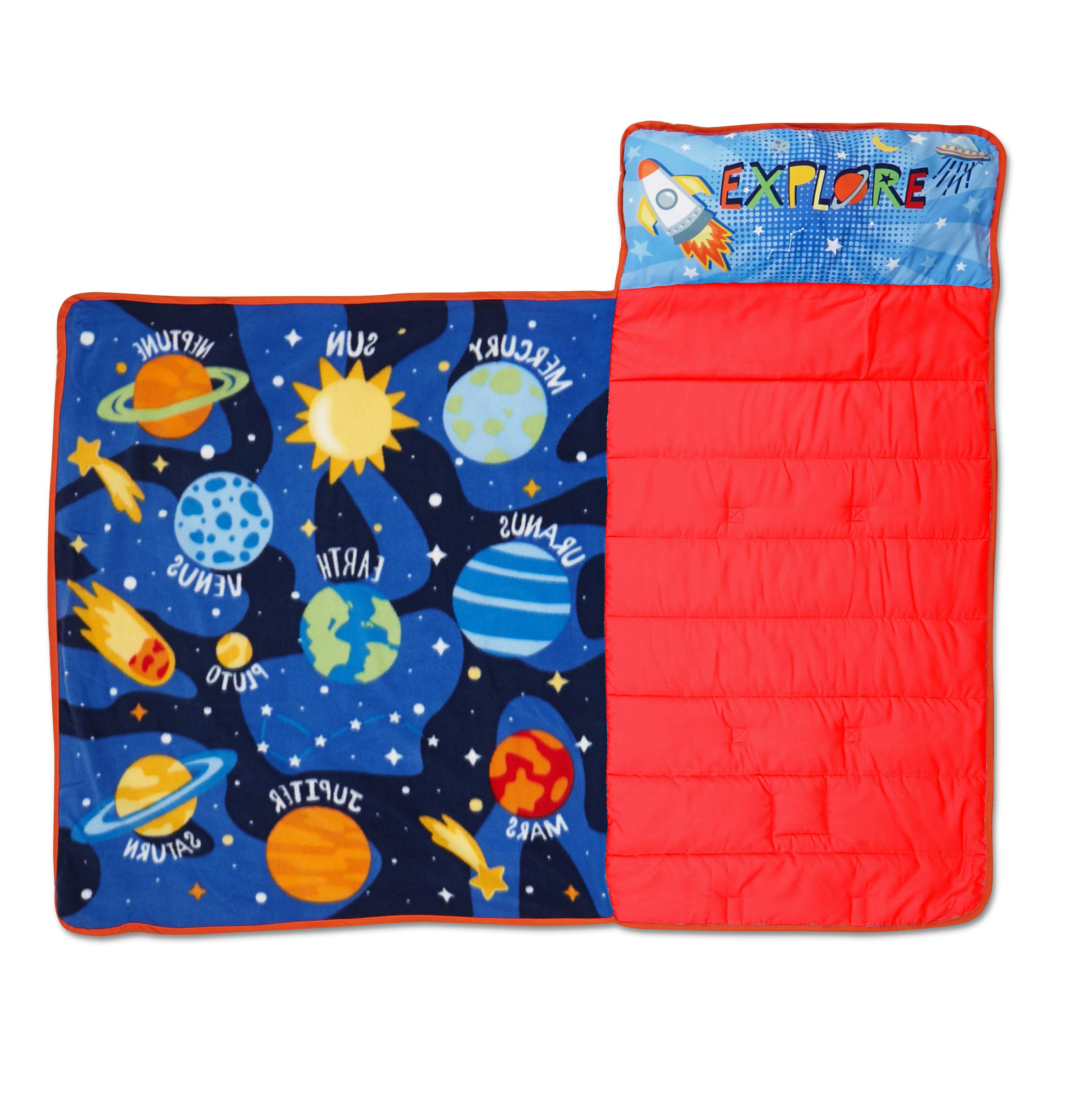 Baby Boom Funhouse Explore Planets & Outer Space Kids Nap Mat Set – Includes Pillow And Fleece Blanket – Great For Boys Napping during Daycare Or Preschool - Fits Toddlers, Blue