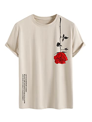 GORGLITTER Men's Rose & Slogan Graphic Round Neck T Shirt Short Sleeve Casual Tee Shirts Khaki Medium