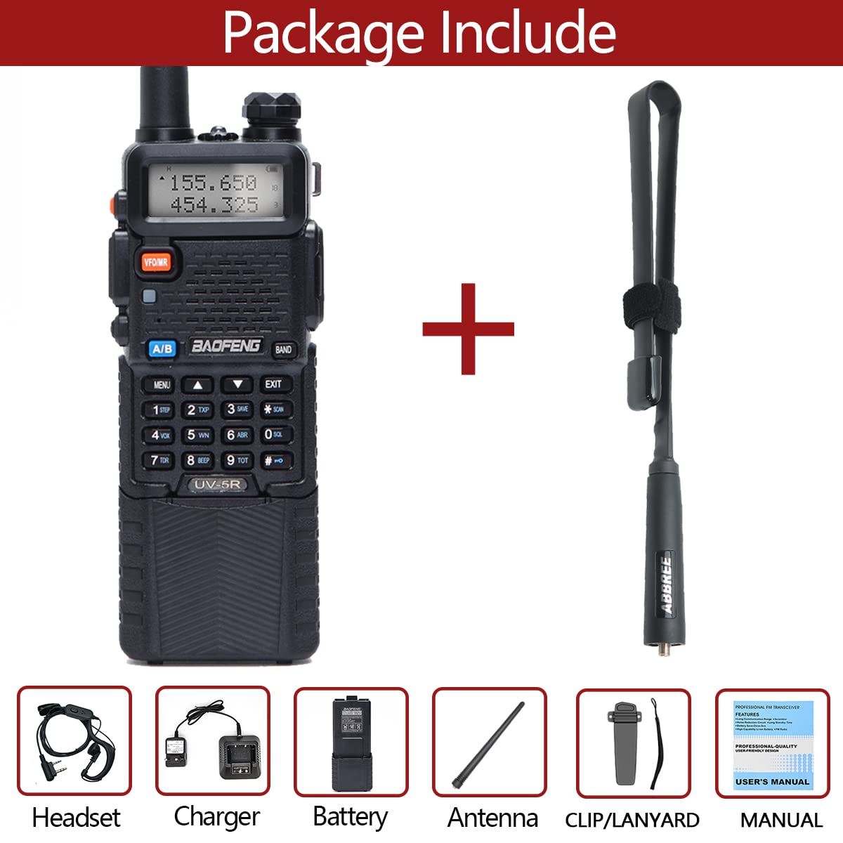 BAOFENG UV-5R Two-Way Radios Powerful Ham CB Radio 3800 mAh Extend Battery Portable Walkie Talkies with ABBREE 18.89inch Tactical Antenna