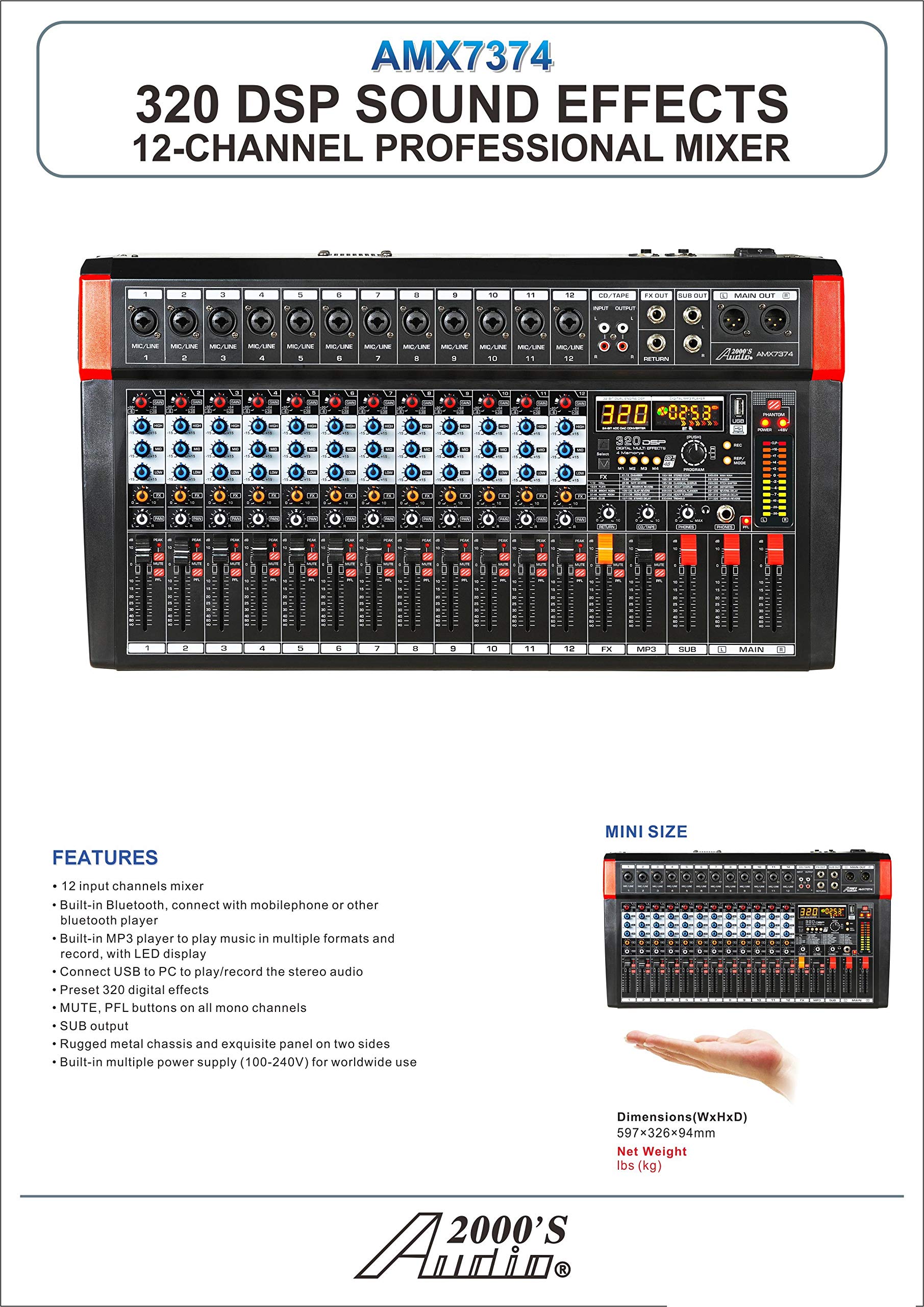 Audio2000'S AMX7374 12-Channel Audio Mixer with 320 DSP Sound Effects, Stereo Sub Out with Sub-Out Level-Control Fader, Level-Control Faders on All Channels, and USB/Computer Interface