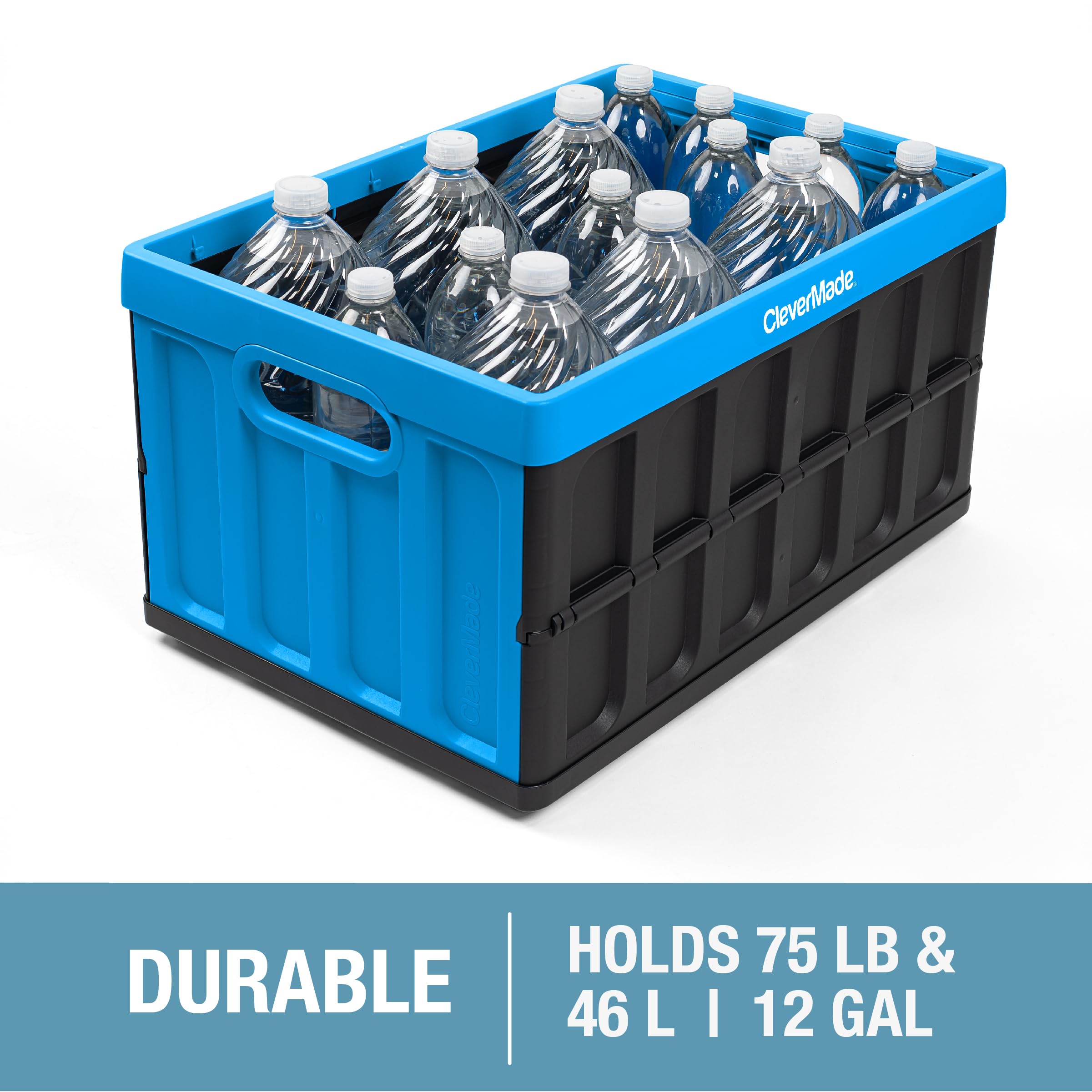 CleverMade Collapsible Storage Bin (With Lid), Obsidian, 3PK - 46L (12 Gal) Folding Plastic Stackable Utility Crates, Holds 75lbs Per Bin - Solid Wall CleverCrates for Organizing, Storage, Moving
