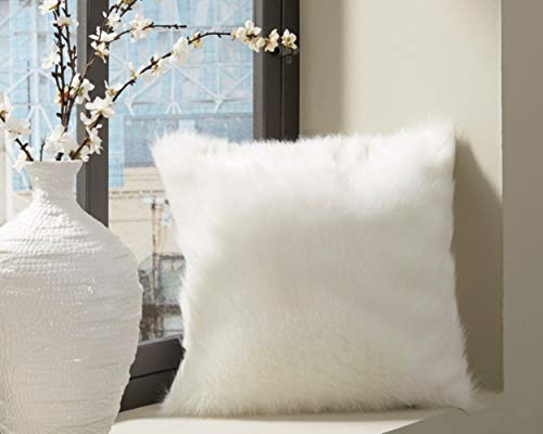Signature Design by Ashley Himena Solid Faux Fur Throw Pillow, 20 x 20 Inches, White