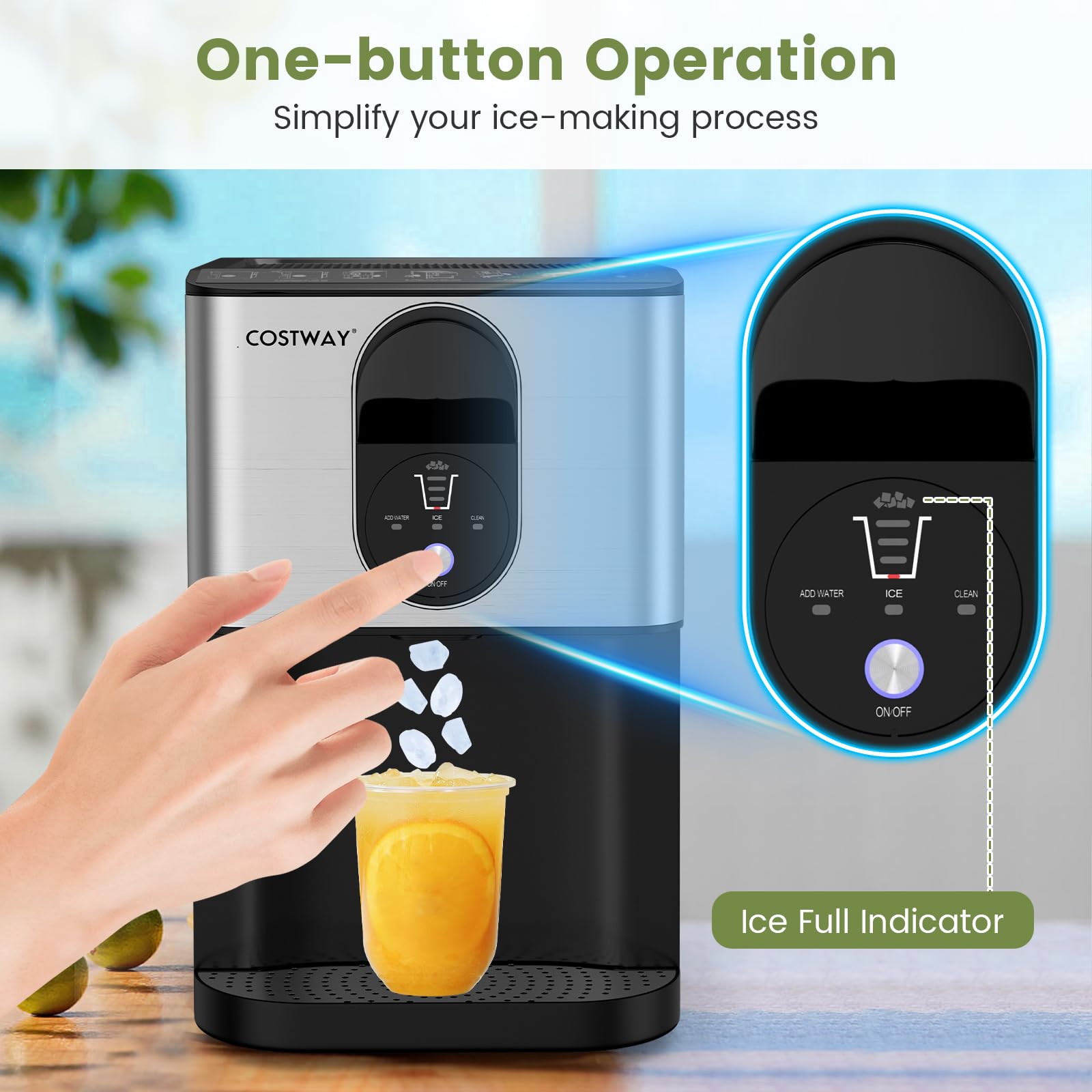 COSTWAY Self Dispensing Nugget Ice Maker Countertop, 56 Lbs/24H Soft Chewable Ice, Pebble Ice Maker with Self-Cleaning, One-Button Operation, Portable Stainless Steel Ice Maker for Home Office Party