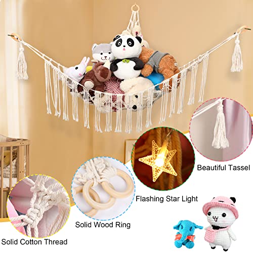 Stuffed Animal Hammock Macrame with Light and Storage Bag, Toy Hammock Corner Organizer Display Holder Net for Hanging Toy Storage and Home Cleaning(Beige)