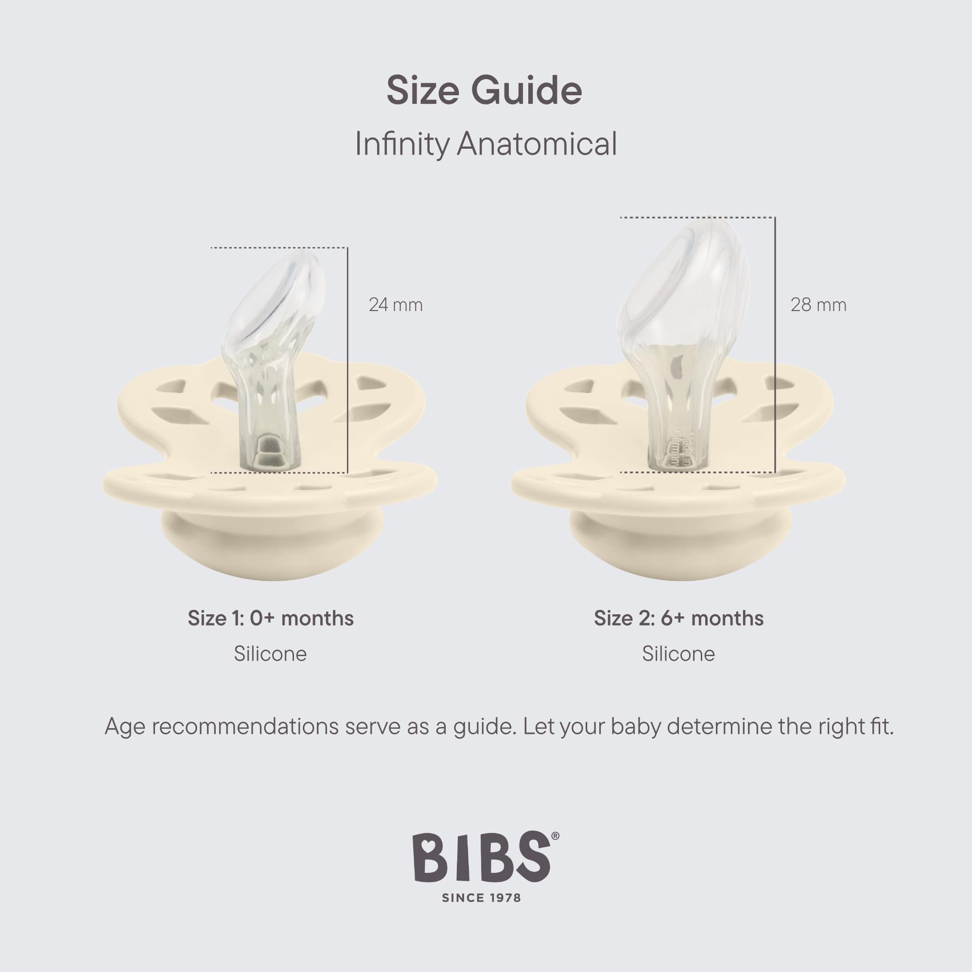 BIBS Pacifiers - Infinity Collection with Anatomical Nipple| BPA-Free Baby Pacifier | Made in Denmark | Set of 2 Blossom/Dusky Lilac Color Premium Soothers | Size 6-18 Months