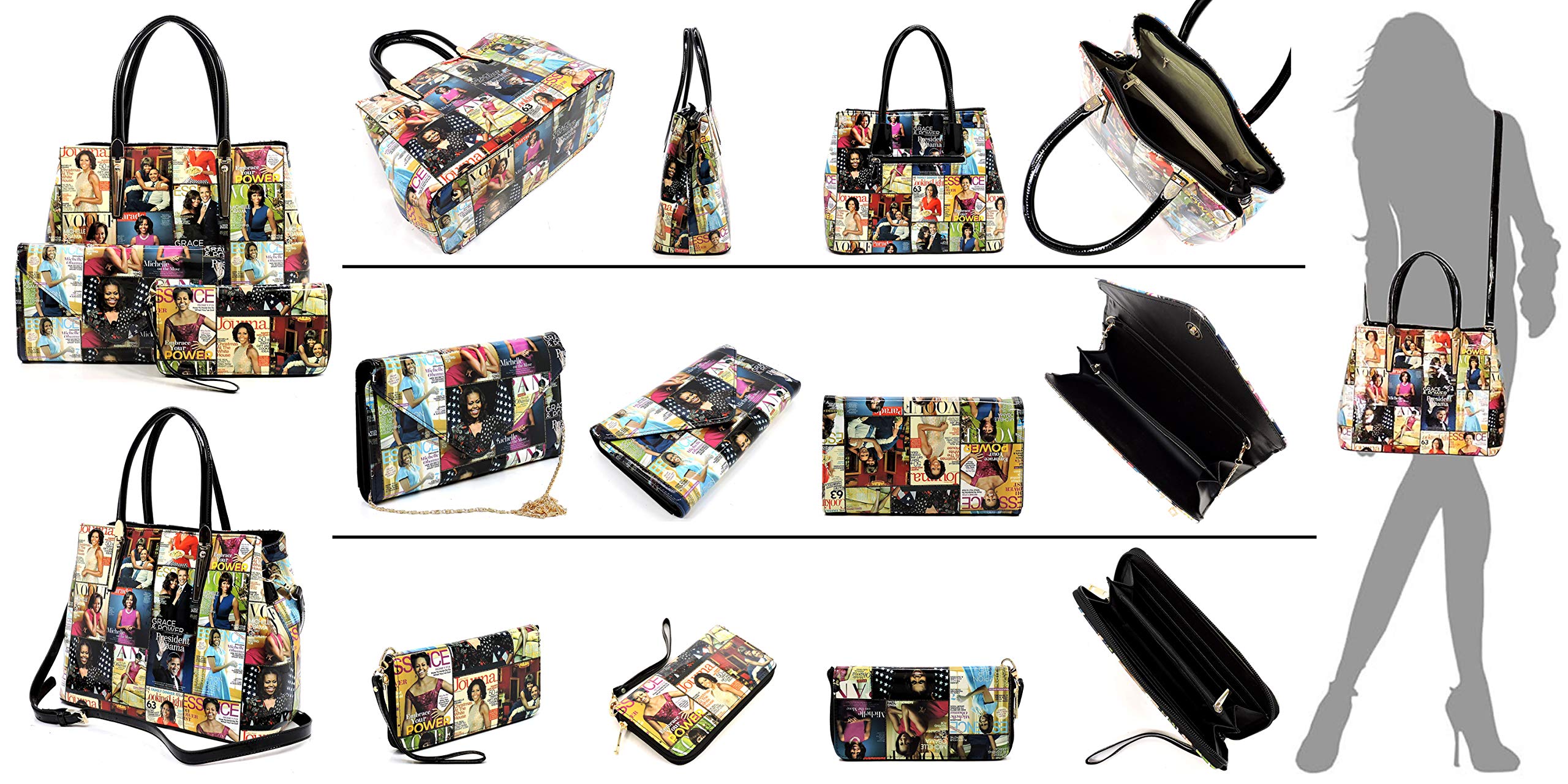 JUNZUP Glossy Magazine Cover Collage Michelle Obama Printed Satchel Bag + Envelope Clutch + Wallet 3pcs Set (Grey/Bk)