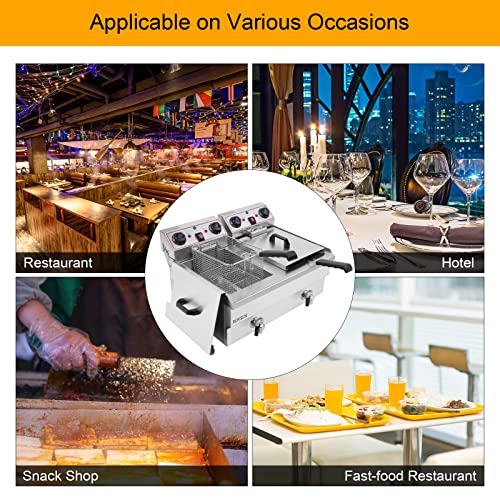 ROVSUN 24.9QT/ 23.6L Electric Deep Fryer w/Frying Baskets Timer Drains & Lids, Dual Tank Kitchen Countertop Commercial Frying Machine, Adjustable Temperature, 3400W 110V 60HZ