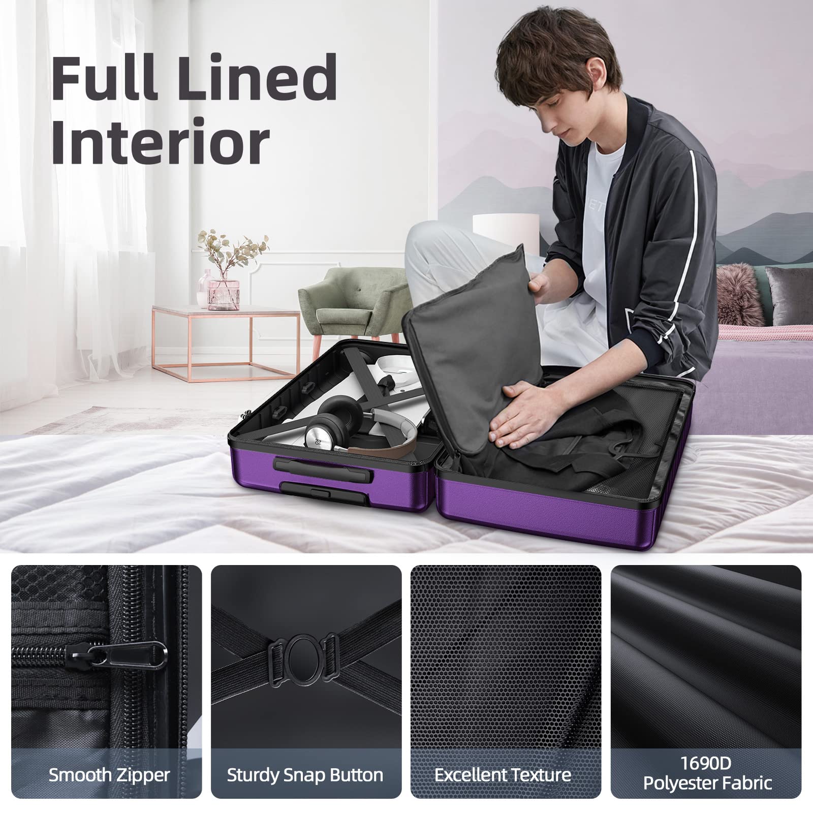 BEOW Expandable Luggage Sets Clearance 3 Piece Hardshell Lightweight PC+ABS Suitcase Spinner Wheels TSA Lock Purple