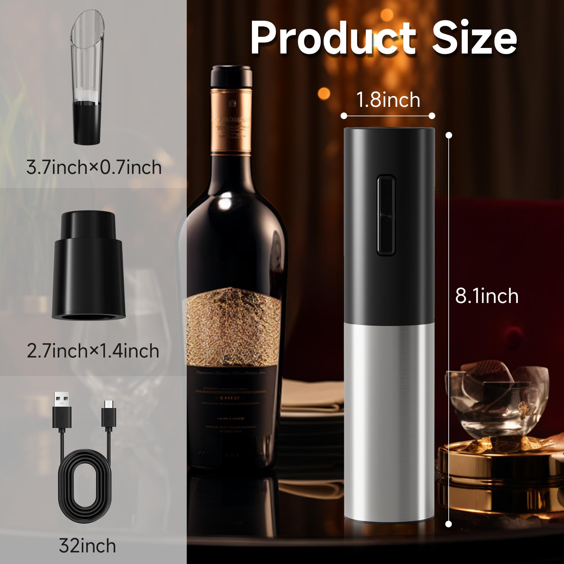 Electric Wine Opener, Automatic Wine Bottle Corkscrew with Air Pump, Foil Cutter, Pourer, Vacuum Stoppers (4PCS), Professional Easy Rechargeable Vino Opener Set Suitable for Home, Travel