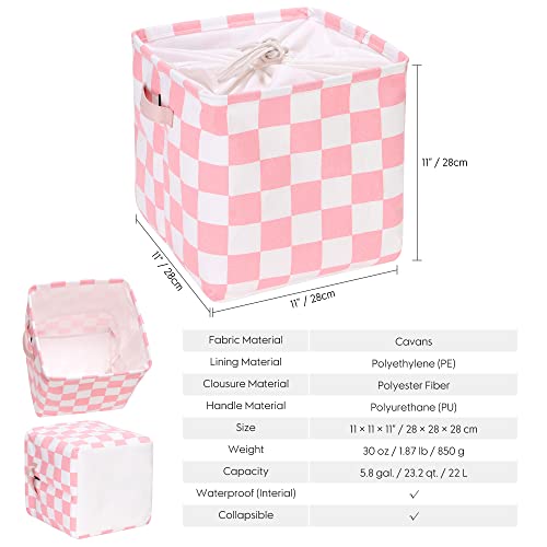 Hinwo 3-Pack Cubic Organizer Shelf Bins, Canvas Fabric Storage Baskets with Handles, 22L/5.8-Gal Square Storage Bins, Cubes, Collapsible Storage Box, 11 x 11 x 11 Inches (S, Pink Checkerboard)