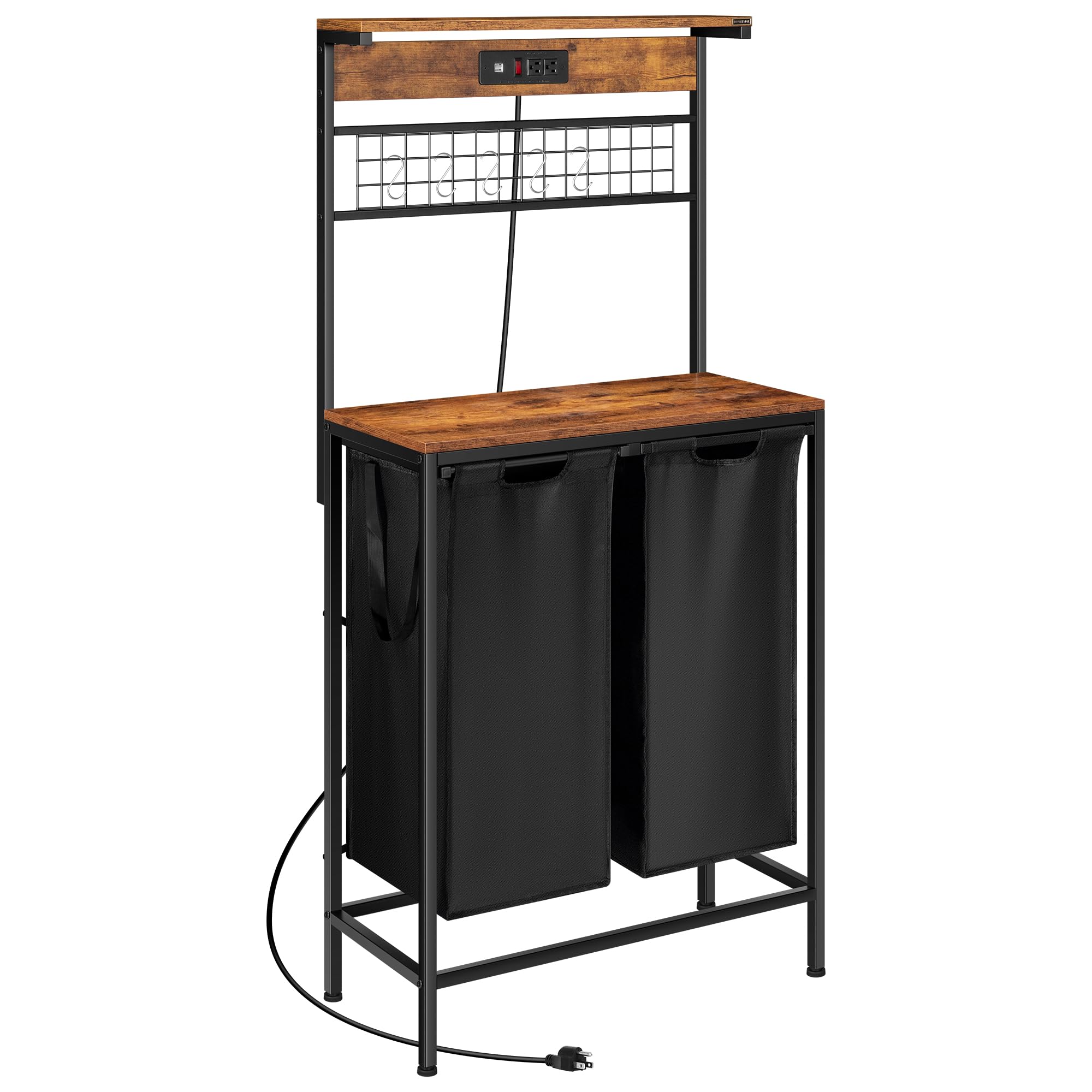 VIVOHOME Laundry Hamper with Power Outlet, Laundry Basket 2 Section, Laundry Sorter with Hooks, Shelf, 2 x 65L Removable Bags, Rustic Brown and Black
