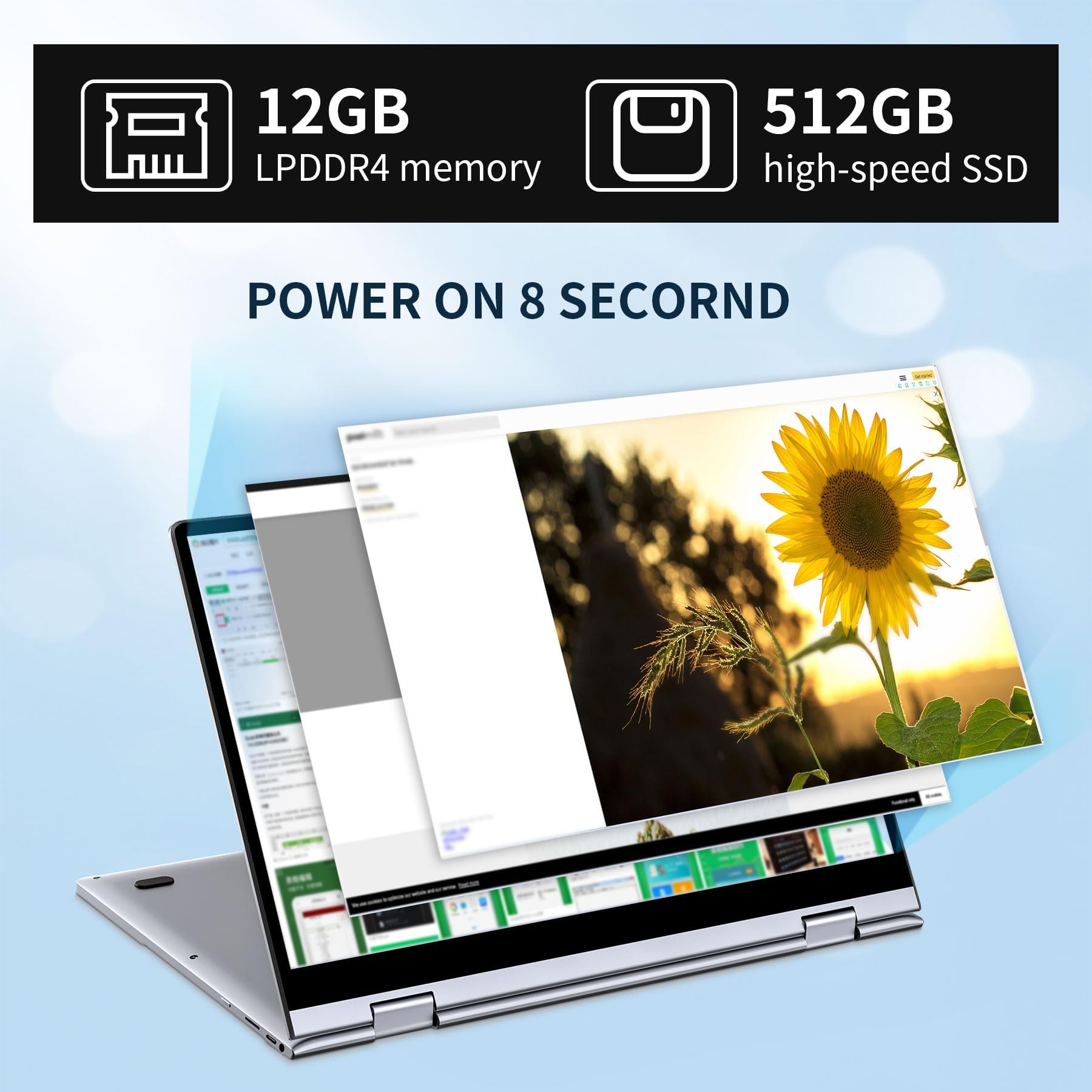 Bmax Laptop 2 in 1 Touchscreen 13.3", 12GB DDR4 RAM 512GB SSD, Intel Celeron N5100 Quad Core Processor(up to 2.8GHz), Backlit Keyboard, FHD IPS, Thin Metal Body