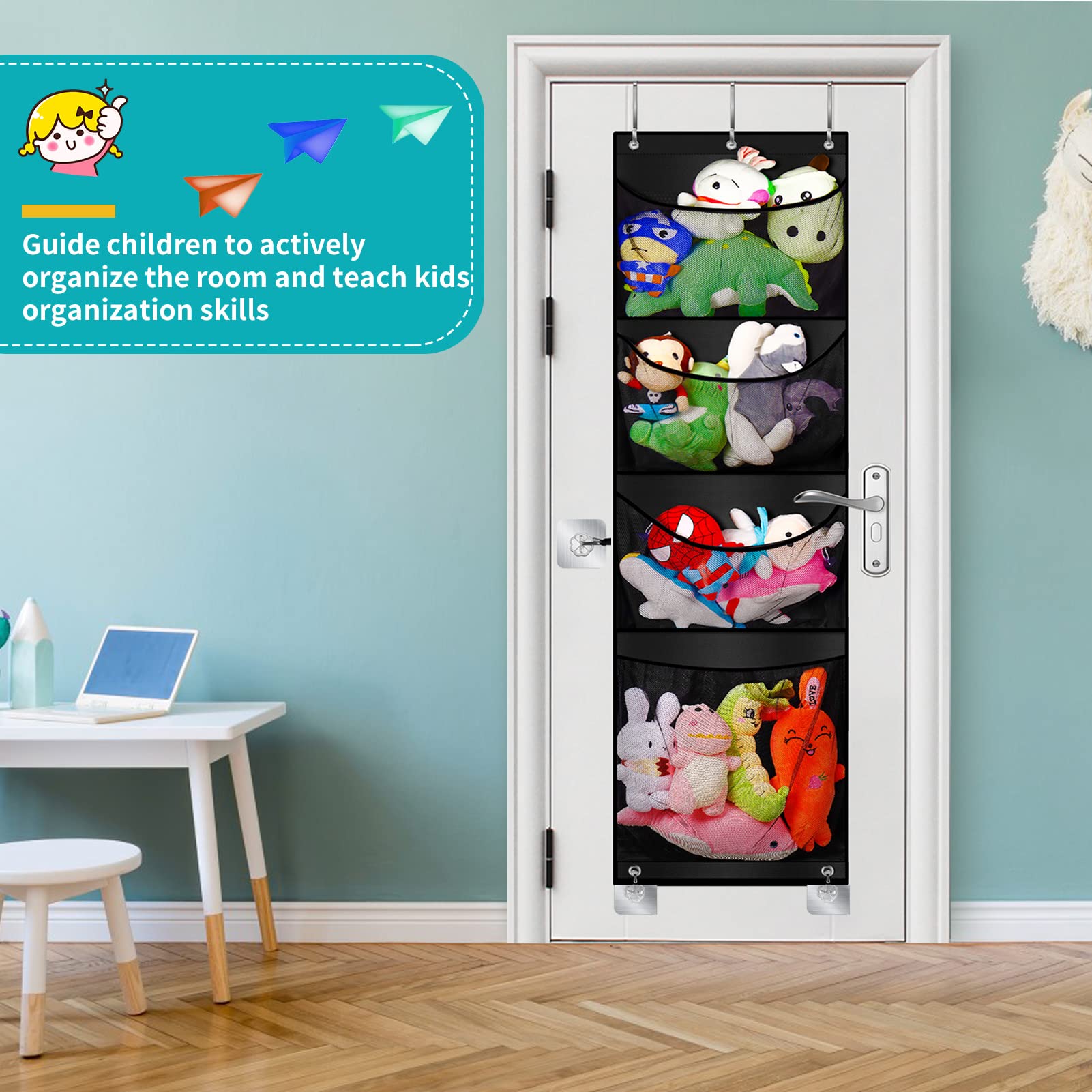 bmhlinyi Over Door Stuffed Animal Storage, Stuff Animals Organizer and Toy Plush Storage,With 4 Large Breathable Storage Pockets, Hanging Door Organizer for Nursery, Bedroom, Bathroom, Kids Room