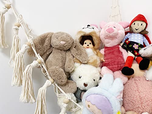 Stuffed Animal Hammock Macrame - Toy Hammock for Stuffed Animals - Stuff Animal Organizer Corner Storage Hanging Fringe - Stuffed Animal Display Holder Net Tassels for Nursery Décor, White (TH-003)