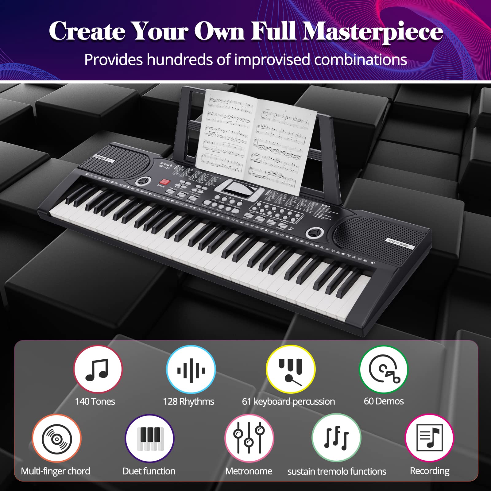 Camide 61 Keys Keyboard Piano, Electronic Digital Piano with Built-In Speaker Microphone, Sheet Stand and Power Supply, Portable Keyboard Gift Teaching for Beginners