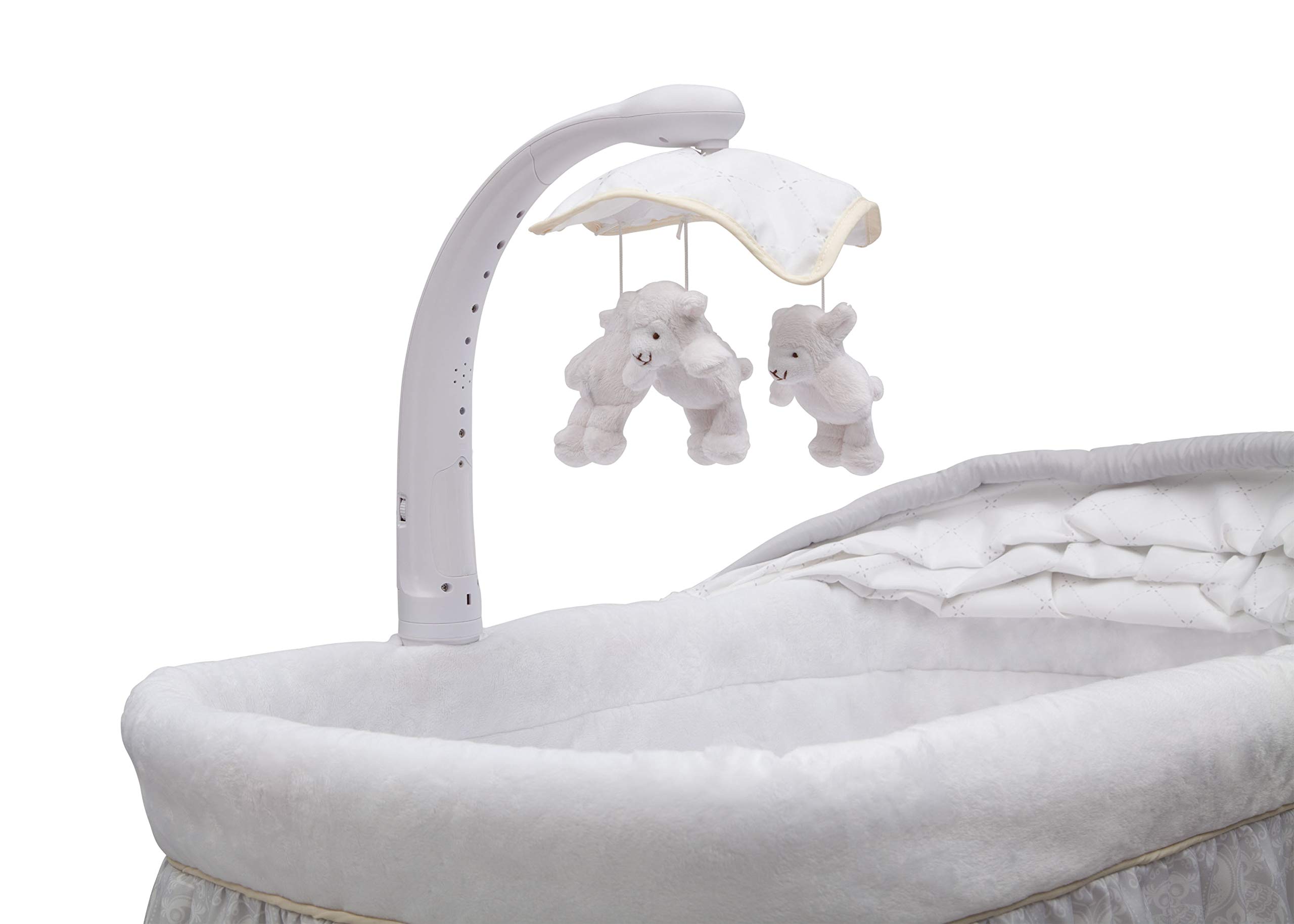 Simmons Kids Gliding Bedside Bassinet - Portable Crib with Activity Mobile Arm Featuring Spinning Toys, Vibration, Nightlight and Music, Peacock