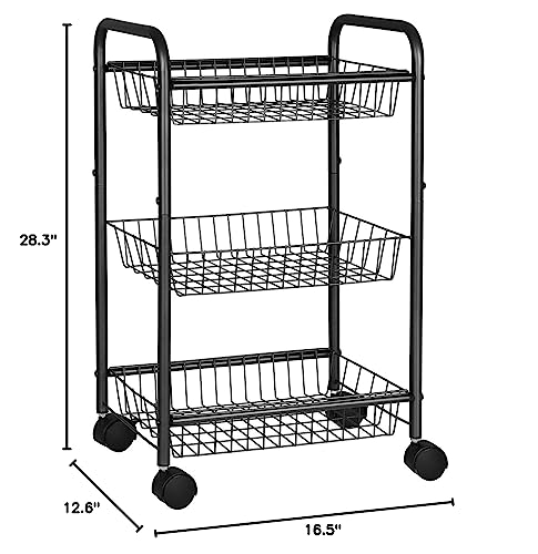 SONGMICS 3-Tier Metal Rolling Cart, Storage Cart with Removable Baskets, Utility Cart with Wheels and Handle, for Kitchen, Bathroom, Laundry Room, Black, UBSC03BK
