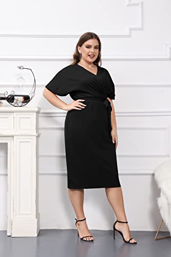 GRACE KARIN Wedding Guest Dresses for Women Elegant Wrap V Neck Ruched Work Business Bodycon Sheath Dress Black L