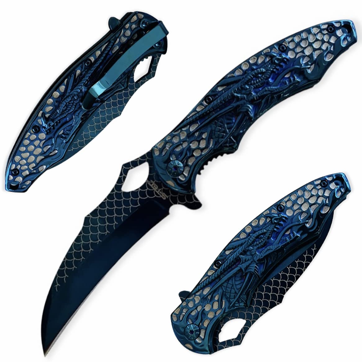 BladeDealUSA Dragon Design Assisted Open Folding Pocket Knife, Dragon Skin Blade, Blue Color, Hunting, Camping Accessories