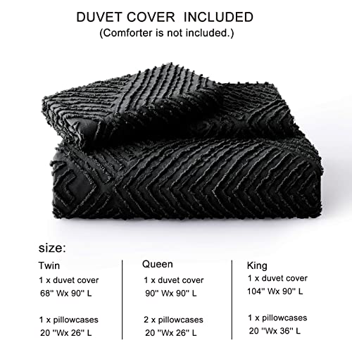 Gracelife Tufted Duvet Cover King Size, 3 Pieces Black Microfiber Duvet Cover Set, Embroidery Shabby Chic Bedding Duvet Covers with Zipper Closure, Corner Ties, All Season