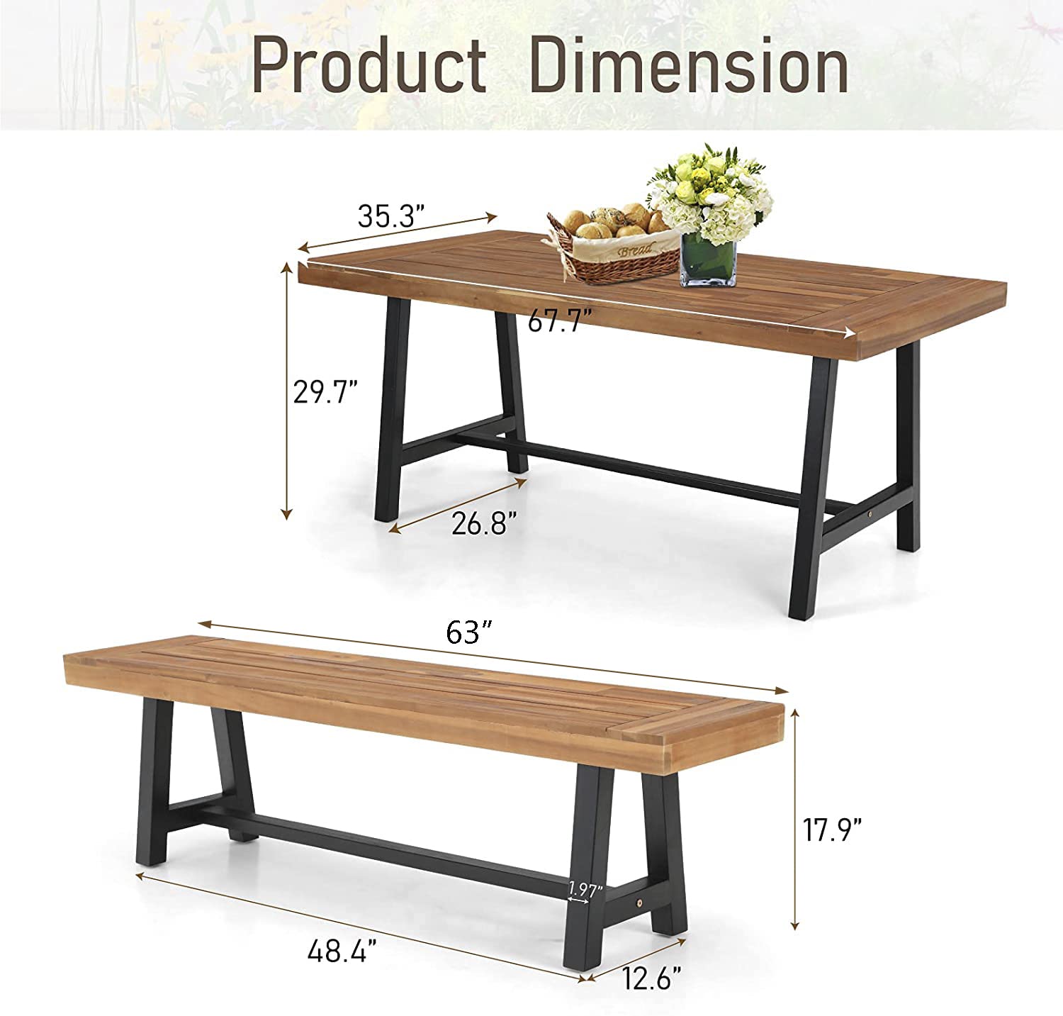 MFSTUDIO 3 Pieces Outdoor Patio Dining Set,Acacia Wood Table Bench Furniture Set with 1 Rectangular Picnic Wooden Table and 2 Benches for Backyard, Garden, Lawn-Teak Color