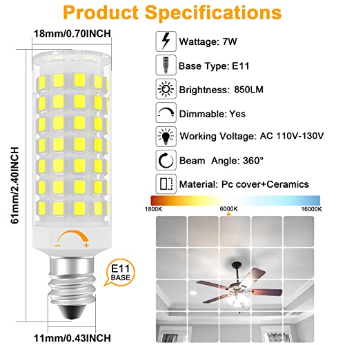DUMILOO E11 Led Bulb Dimmable, 75 Watt Halogen Equivalent, 7W Daylight White 6000K, T4 Mini Candelabra Base, JDE11 120V 75W for Ceiling Fans, Chandeliers, Cabinet Lighting, Pack of 4