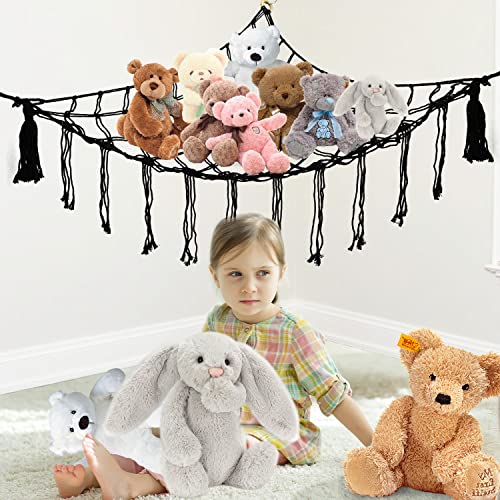 Stuffed Animal Net Or Hammock With Led Light, Animal Hammock Corner Holder, Toy Plush Net Wall Hanging Net Storage Ideas Organizer, For Nursery Play Room Kids Bedroom (Black)